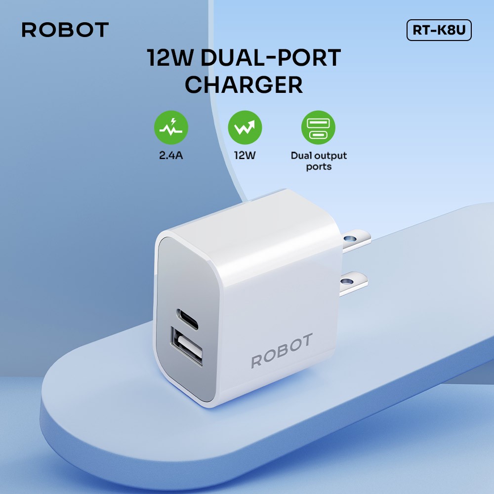 ROBOT RT-K8 U White USB C Charger 12W 2.4A Dual Output Ports Adaptor ...