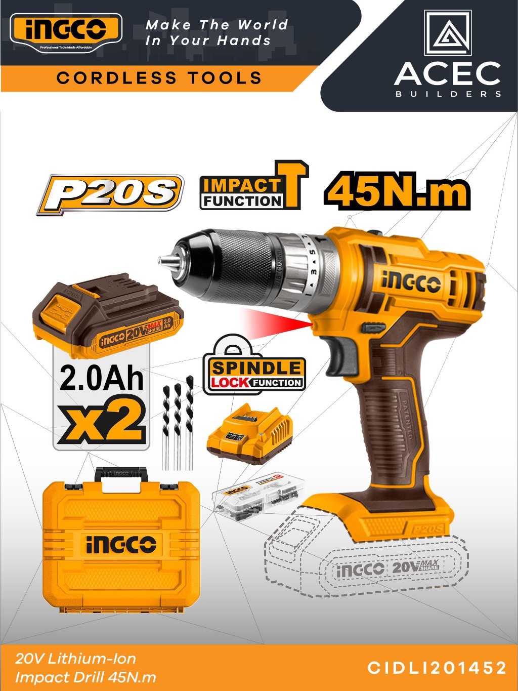 INGCO 20V Lithium-Ion Impact Drill 45N.m. - CIDLI201452 | Shopee ...