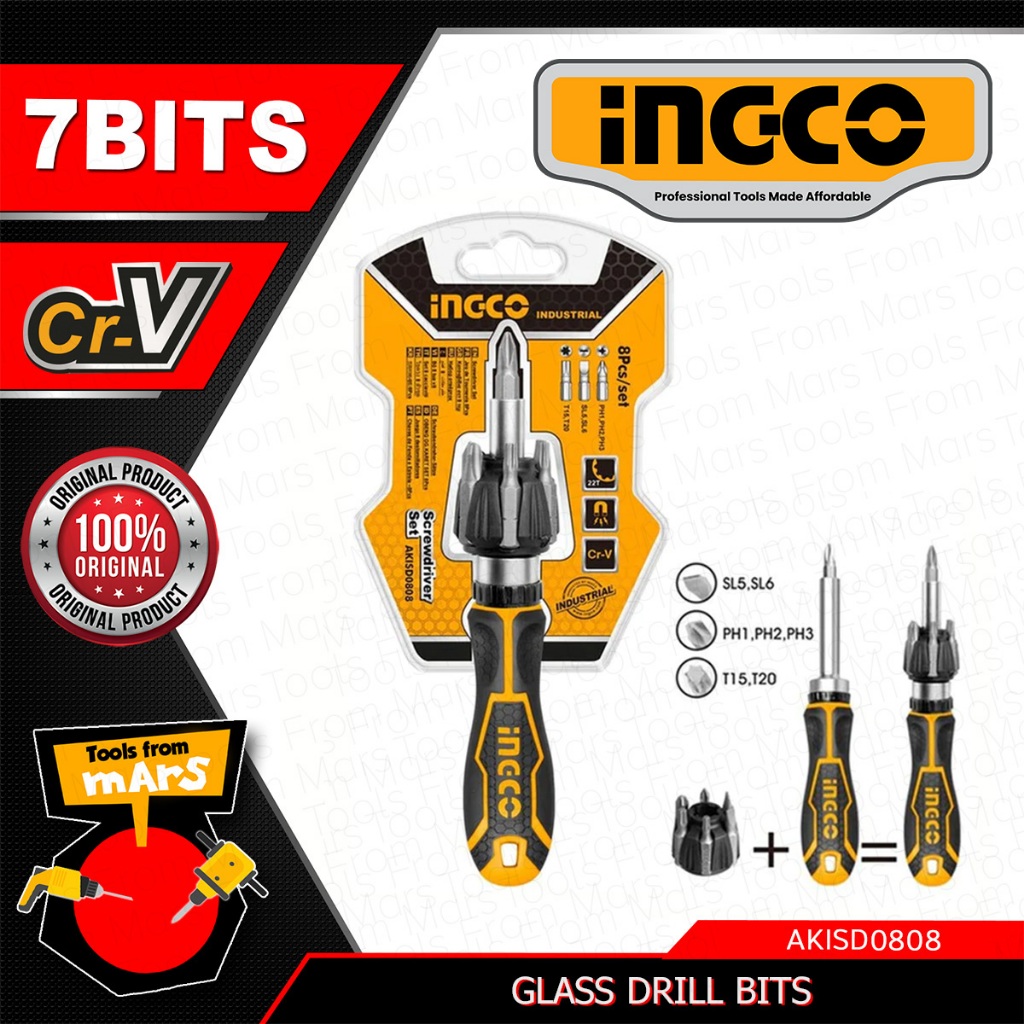 Ingco Ratchet Screwdriver Set 8PCS Cr-V w/ Interchangeable Handle Two ...