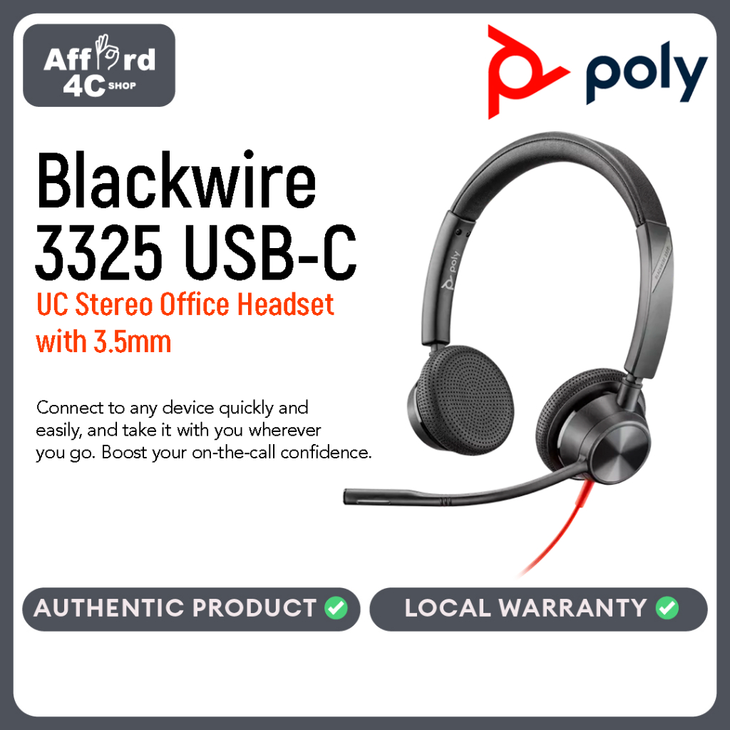 Poly Blackwire 3325 Stereo USB-C Headset +3.5mm Plug +USB-C/A Adapter ...