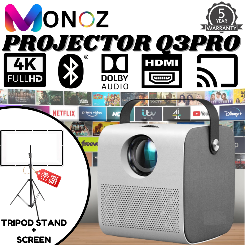 Android Projector Q3 Pro Full HD 1080P 4K Wi-Fi Bluetooth Netflix ...