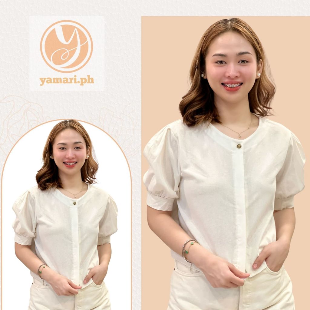 Yamari.PH Basic Casual linen round neck puffsleeves buttondown Polo top | VANESSA | Shopee ...