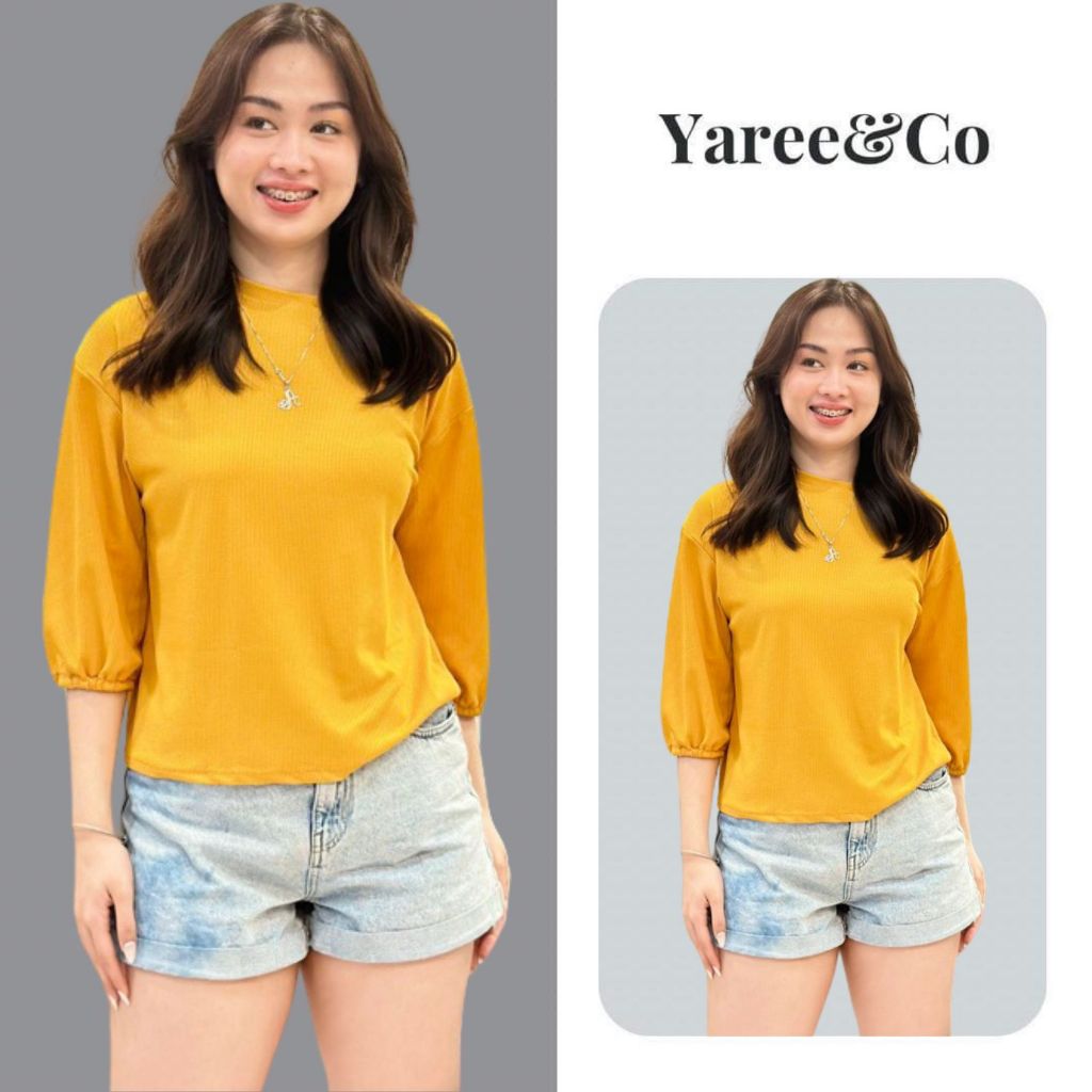 Yaree&Co. Jade Drop Shoulder 3/4 Sleeves Waffle Knit T-shirt Top ...