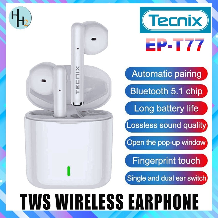 TECNIX EP-T77 TWS Earphone BT5.3 Wireless Bluetooth Earphone with Wireless Charging Case (White ...