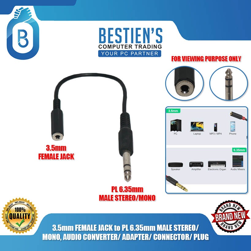 3.5mm FEMALE JACK to PL 6.35mm MALE STEREO/ MONO, AUDIO CONVERTER ...