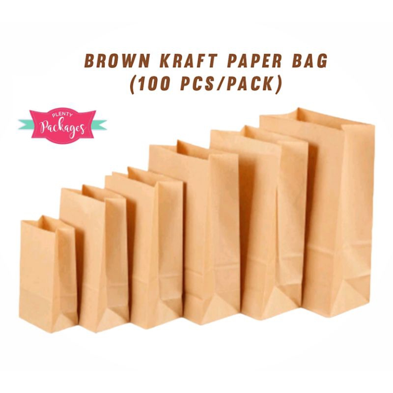 100 Pcs Brown Kraft Paper Bag, Take-out Bag, Grocery Paper Bag (Size #1 ...
