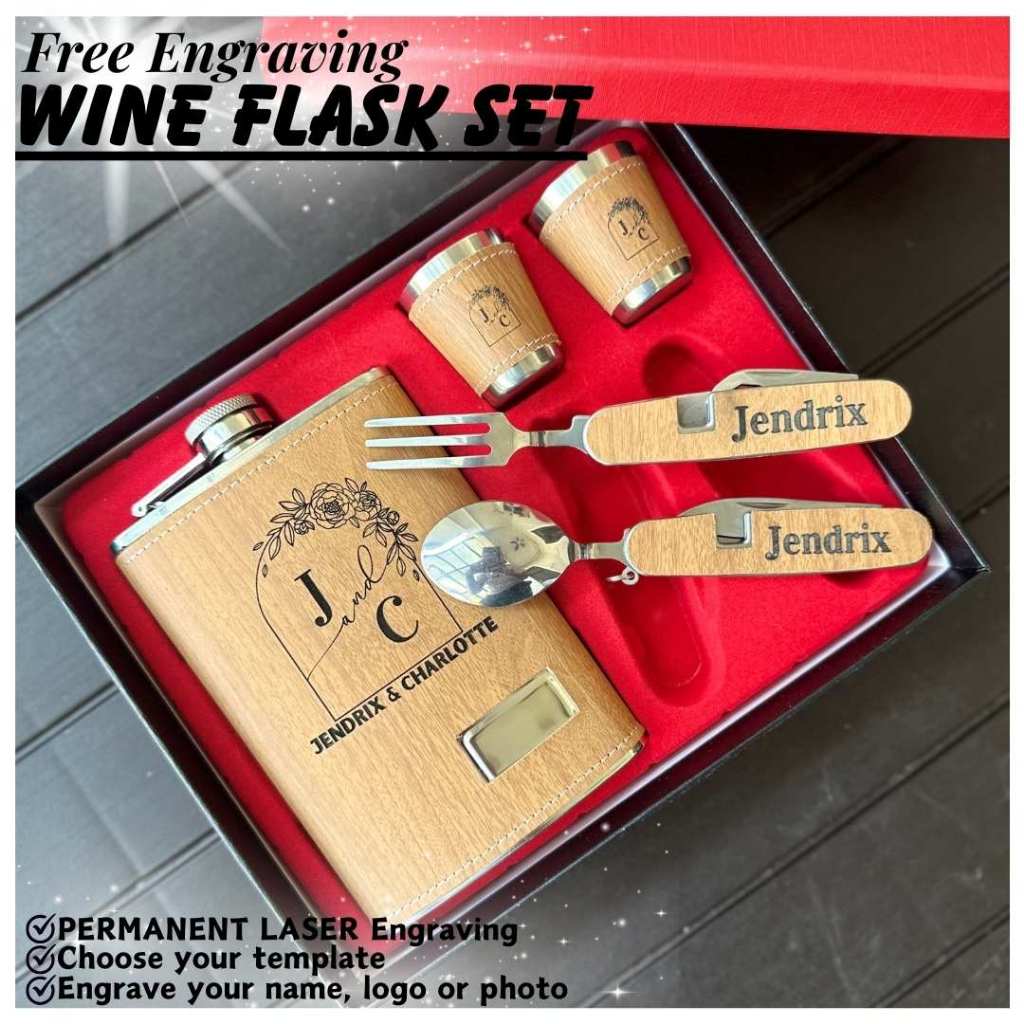 Personalized Engraved Stainless Steel Bamboo Hip Flask Wine Flask Set w ...