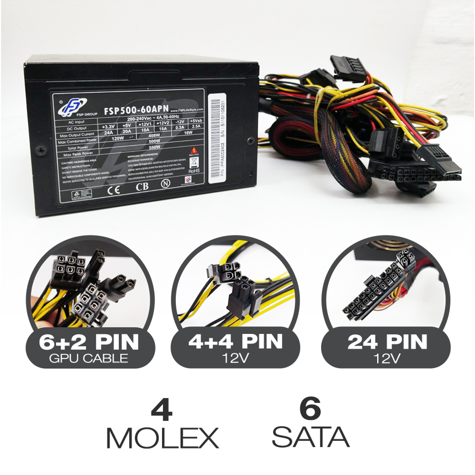 500W True Rated Power Supply with 8pin 6pin GPU Cable / True Wattage ...