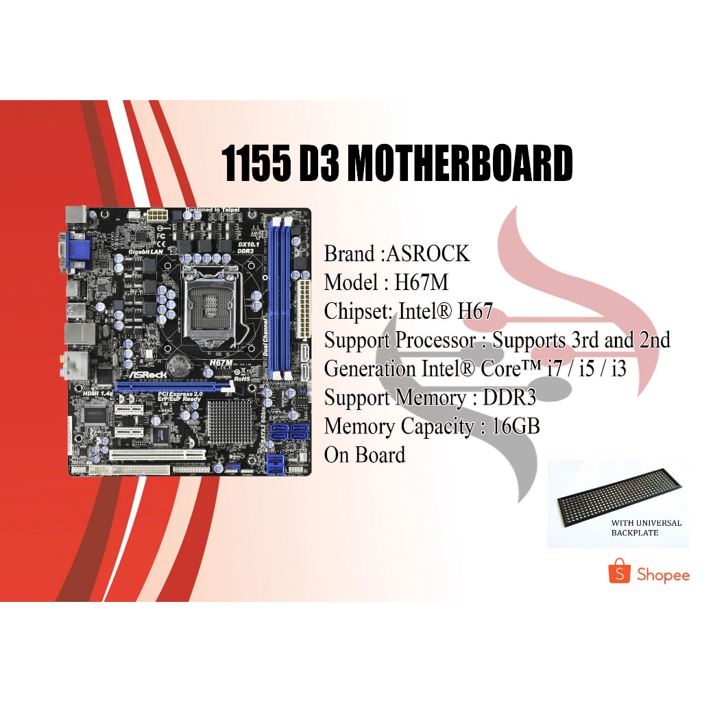 Socket 1155 D3 Motherboard H67 ASROCK (with Universal Backplate ...
