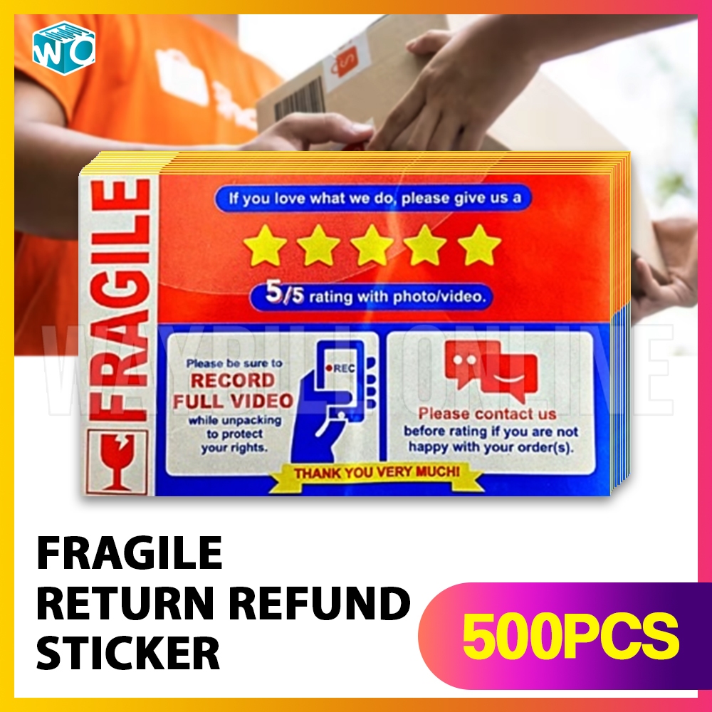 NEW! 500pcs Fragile Return Refund Policy Sticker 5-STAR RATING No Video ...