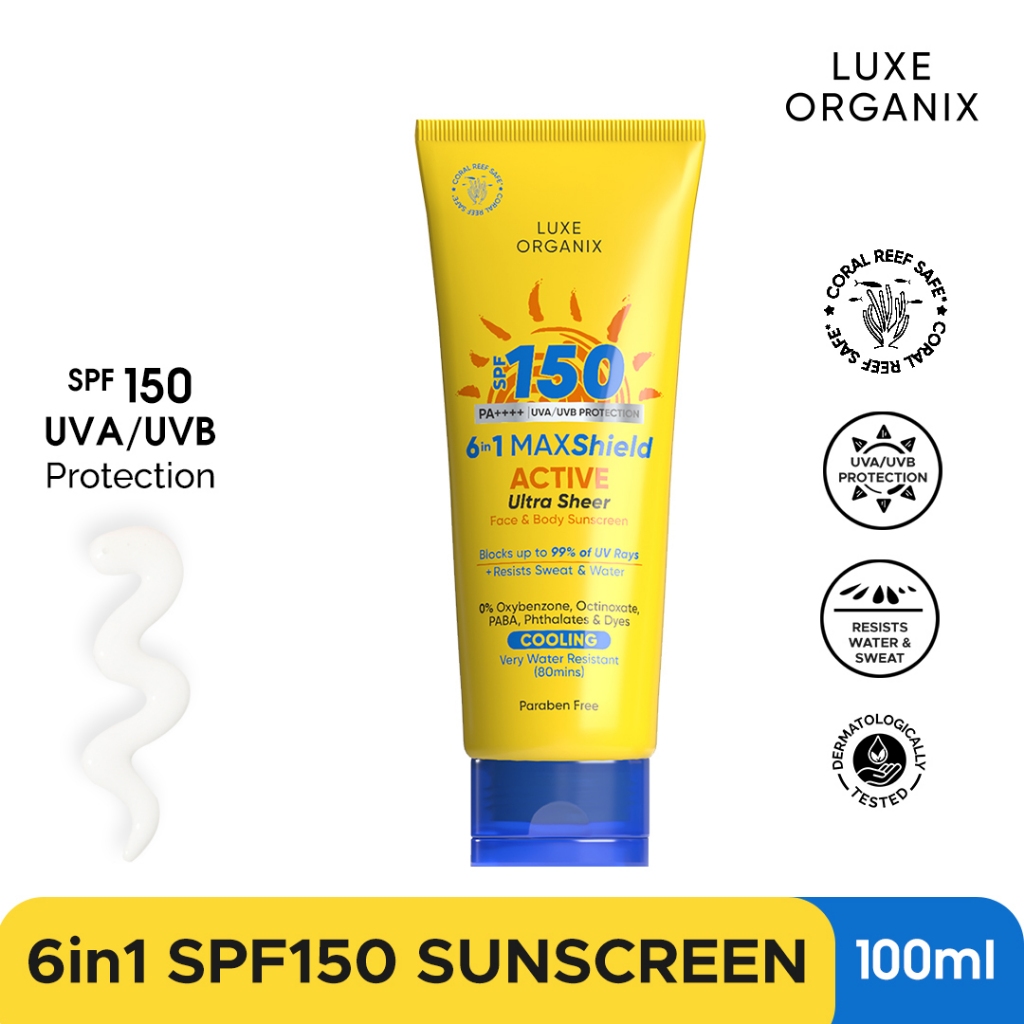 Luxe Organix SPF150 UVA/UVB Protection 6in1 Maxshield Active Ultra Sheer Face & Body Sunscreen ...