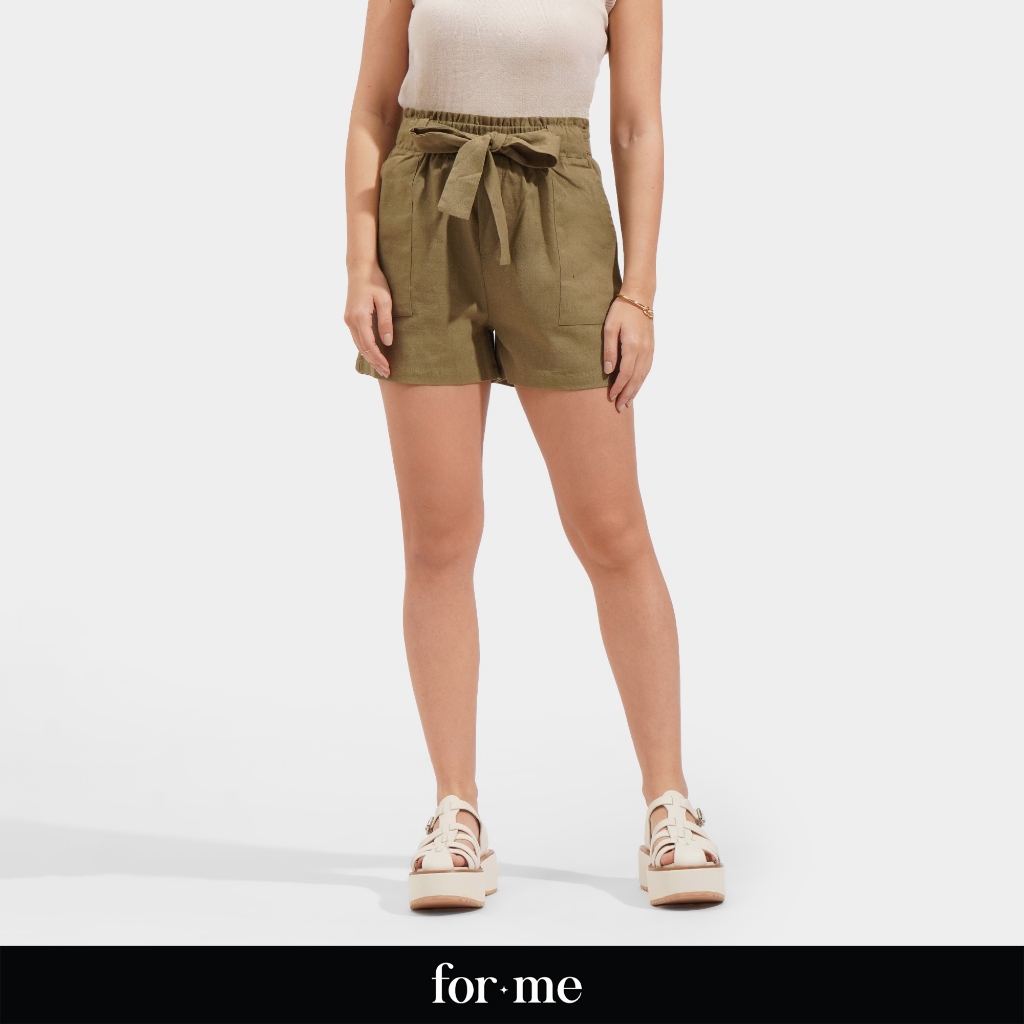 ForMe Tie Waist Paperbag Cozy Shorts for Women (Olive) | Shopee Philippines