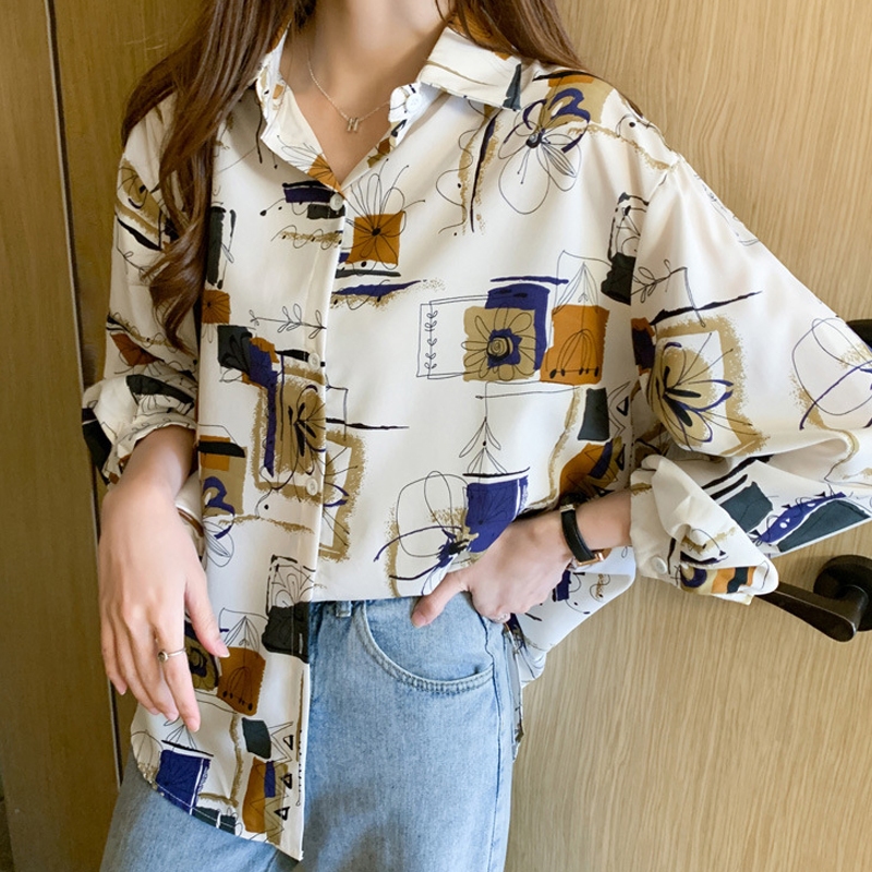 Retro Style Chiffon Shirt Unique Sense Prints Long Sleeve Shirt Fashion ...