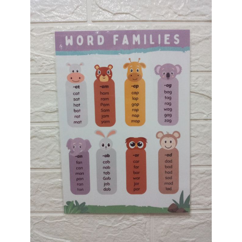 A4 WORD FAMILIES cvc chart for kids kindergarten grade one reading ...