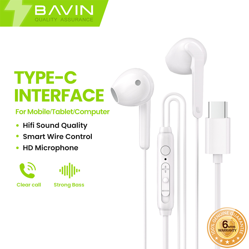 BAVIN HX868 Type-C Wired Earphone Stereo Audio Sound With Built In Microphone & Volume ...