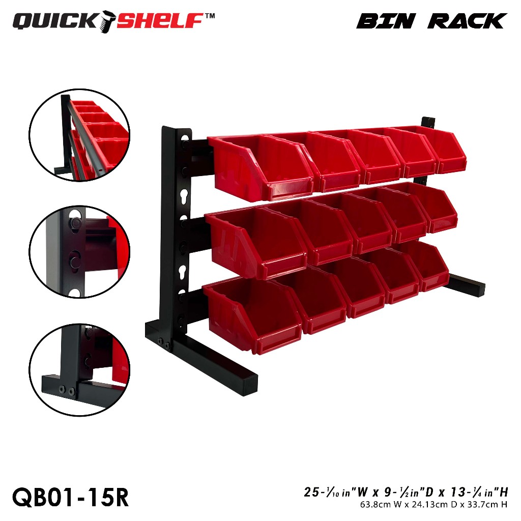 QUICK SHELF 15-Bin Heavy Duty Table Top BIN RACK with 15pcs Red Plastic ...