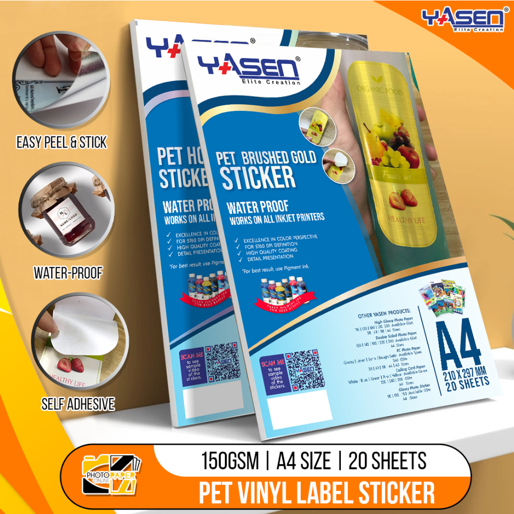 Yasen A4 PET Vinyl Sticker 150gsm Waterproof 20sheets/pack | Shopee ...