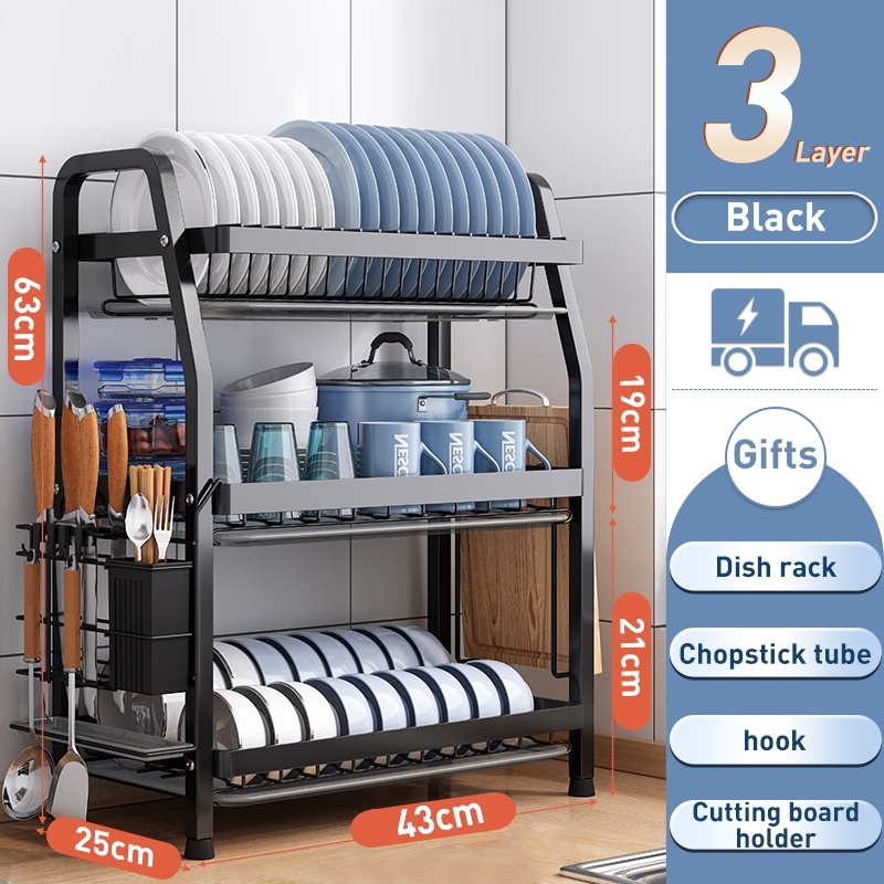 2/3-Tier Dish Rack With Cover Kitchen Countertop Plate organizer Dish ...