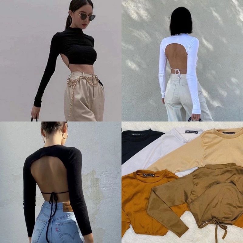 CC NORMA OPEN RIBBON BACK LONG SLEEVE CROPTOPS WOMENSWEAR KNITTED ...