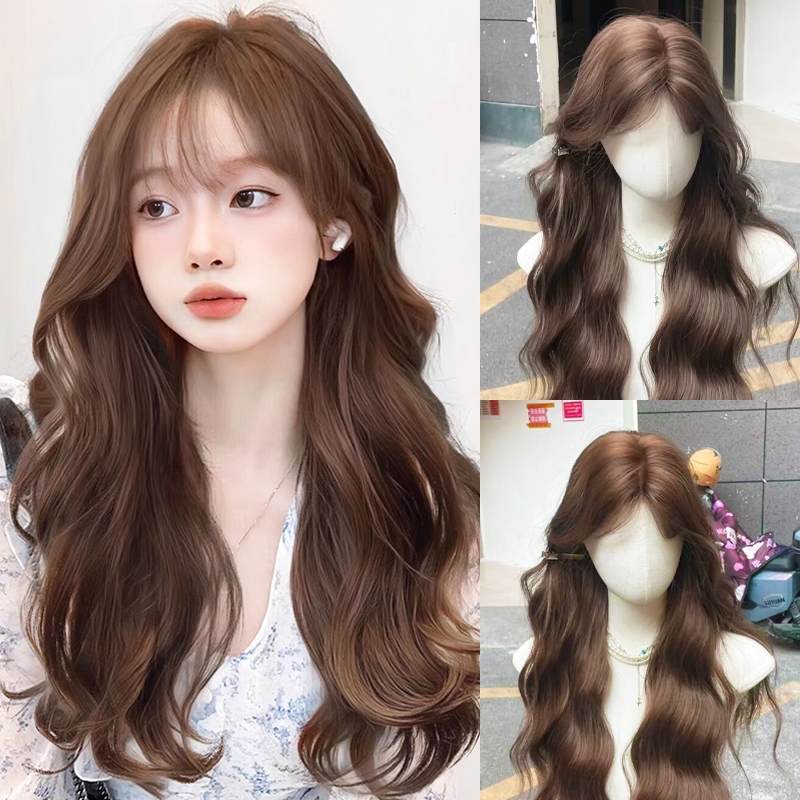Korean Women Full Wigs Long Curly Hair with Air Bangs Natural Fluffy ...