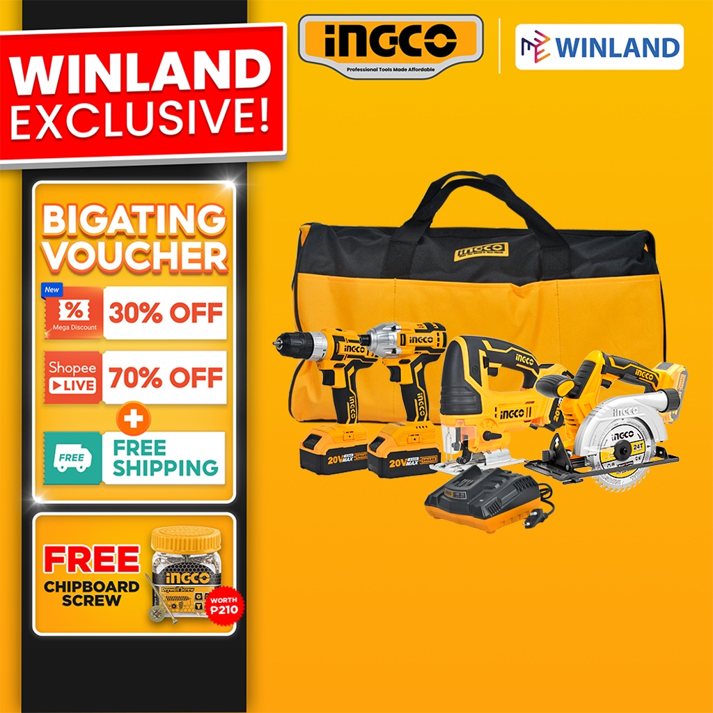 Ingco by Winland Lithium-Ion Cordless 4pcs Combo Jigsaw Drill Impact ...