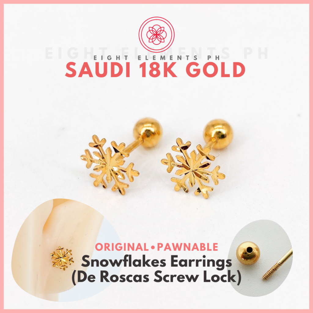 COD PAWNABLE 18k Earrings Real Saudi Gold Snowflake and Ball Stud De ...