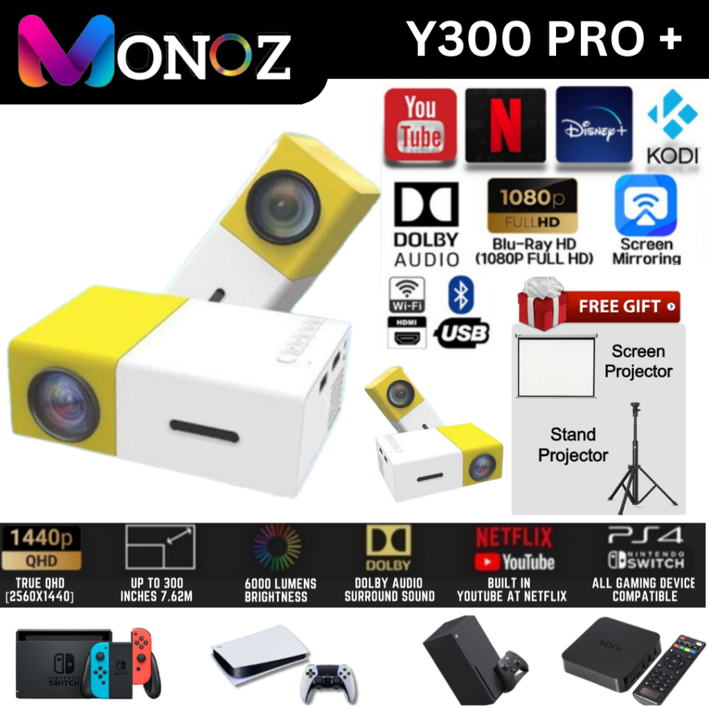 MONOZ NEW Projector Y300 Mini Portable Projector Screens HD 1080P LED ...