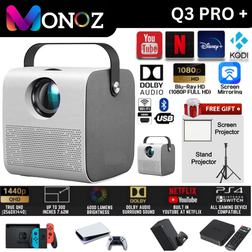 MONOZ Q3 Pro Projector 4K UHD Resolution Built-in Android IOS Portable Mini Quality Projector 4k ...
