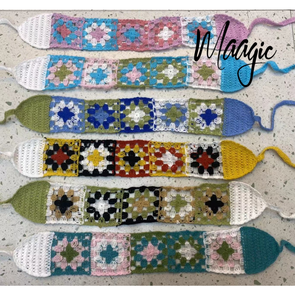 Women's Knitted Hollow Headband Flower Crochet Triangle Bandana Sweet ...