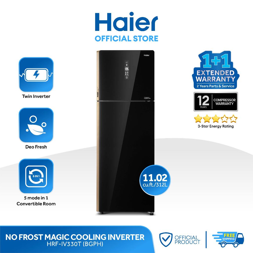 Haier HRF-IV330T (BGPH) 11.02 cu.ft./312L Magic Cooling No Frost Twin Inverter Refrigerator (Bla ...