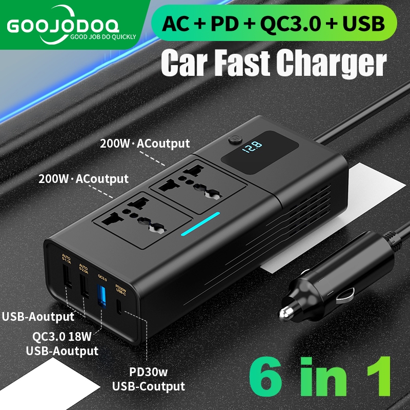 GOOJODOQ 6 IN 1 200W Car Charger Fast Charging Socket for iPhone Type C ...