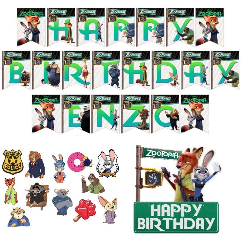 Zootopia Theme Birthday Party Banner Cupcake Cake Topper Decoration ...