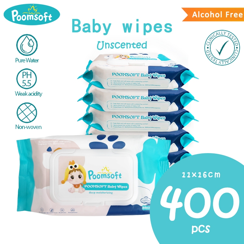 Poomsoft 5 Packs x 80 Sheet No-Alcohol Unscented Safe Baby Gentle Wipes ...