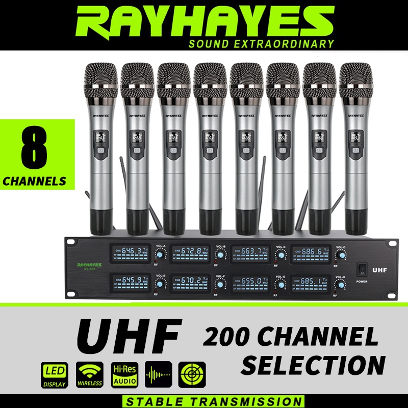RAYHAYES 8 Channel Wireless Microphone System 200 DUAN Adjustable UHF ...