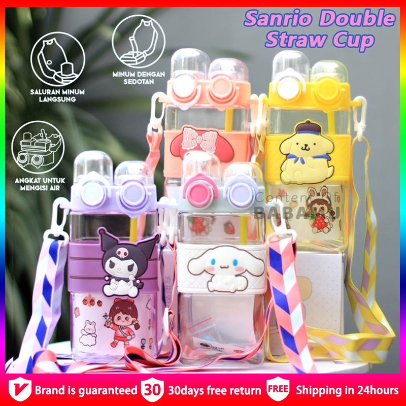 520ML Sanrio 2IN1 Children Double layered Straw Water Cup Shoulder Strap Cute Straw Water Bottle ...