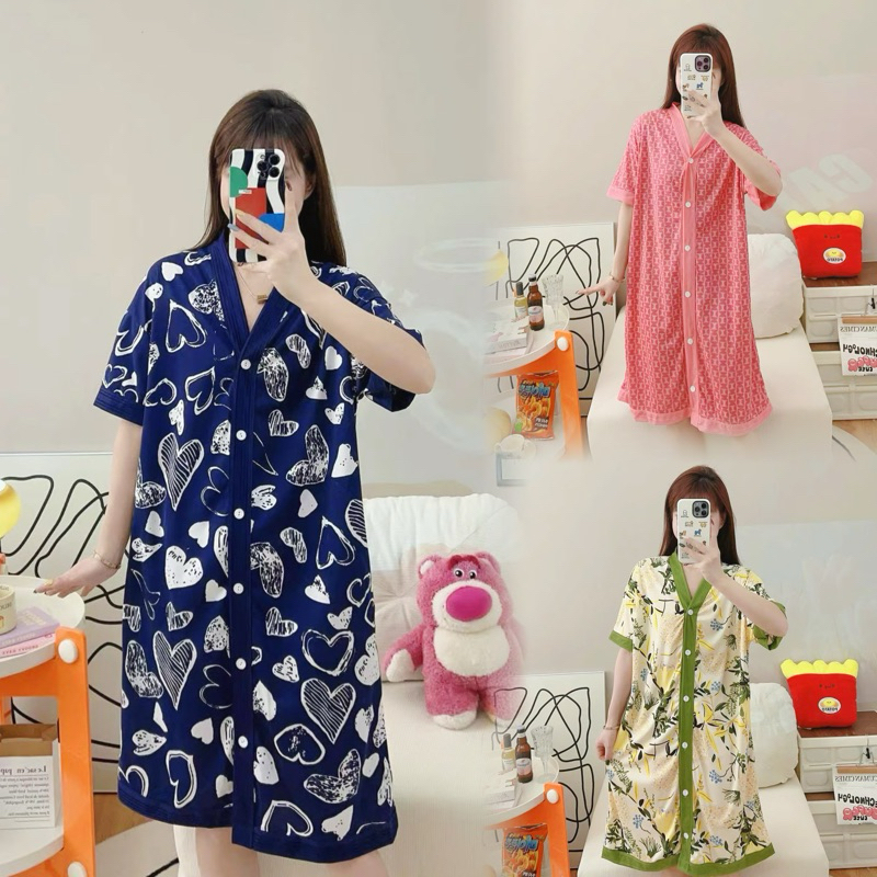 V neck Korean style Daster cotton cardigan fashionable nightgown ...