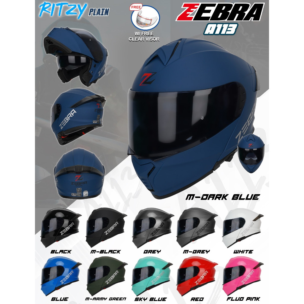 Helmet Zebra A113 Ritzy Plain Modular Dual Visor with Free Visor ...
