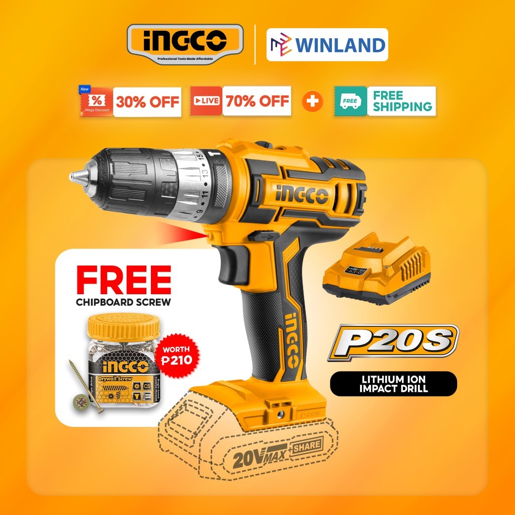 Ingco by Winland 20V Li-Ion Cordless Impact Drill P20S POWERSHARE w/2 ...