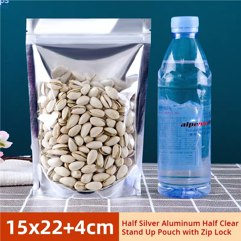 50-100 pcs Half Silver Aluminum Half Clear Stand Up Pouch with Zip Lock Packaging Ziplock ...