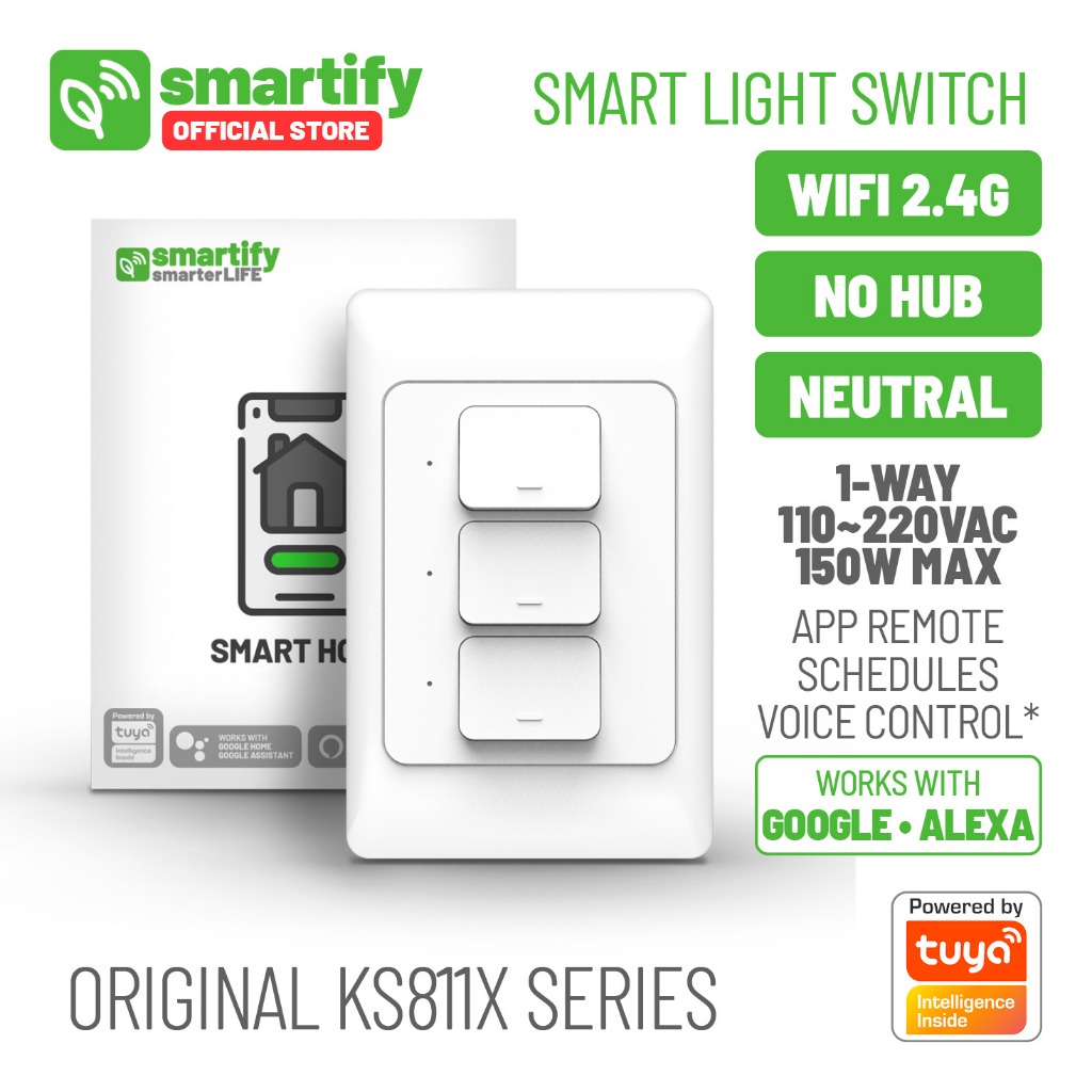 SMARTIFY WIFI Light Switch NEUTRAL (KS811X NO HUB L+N 220V 1/2/3 Gang) TUYA Google Alexa ...