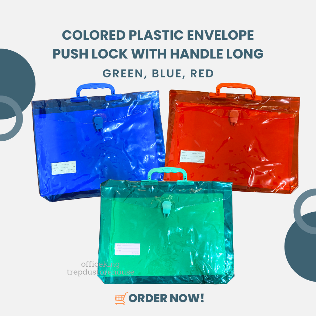 Expanding plastic envelope pushlock with handle blue, green, red long ...
