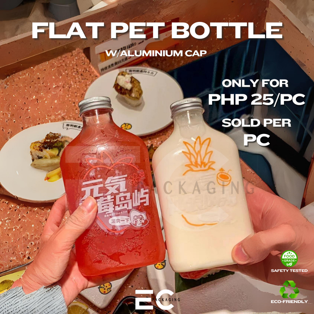EC Flat Pet Plastic Bottle 350ML Hanger Gin bottle W/Aluminum Cap For Milk tea/Fruit Tea Drinks ...