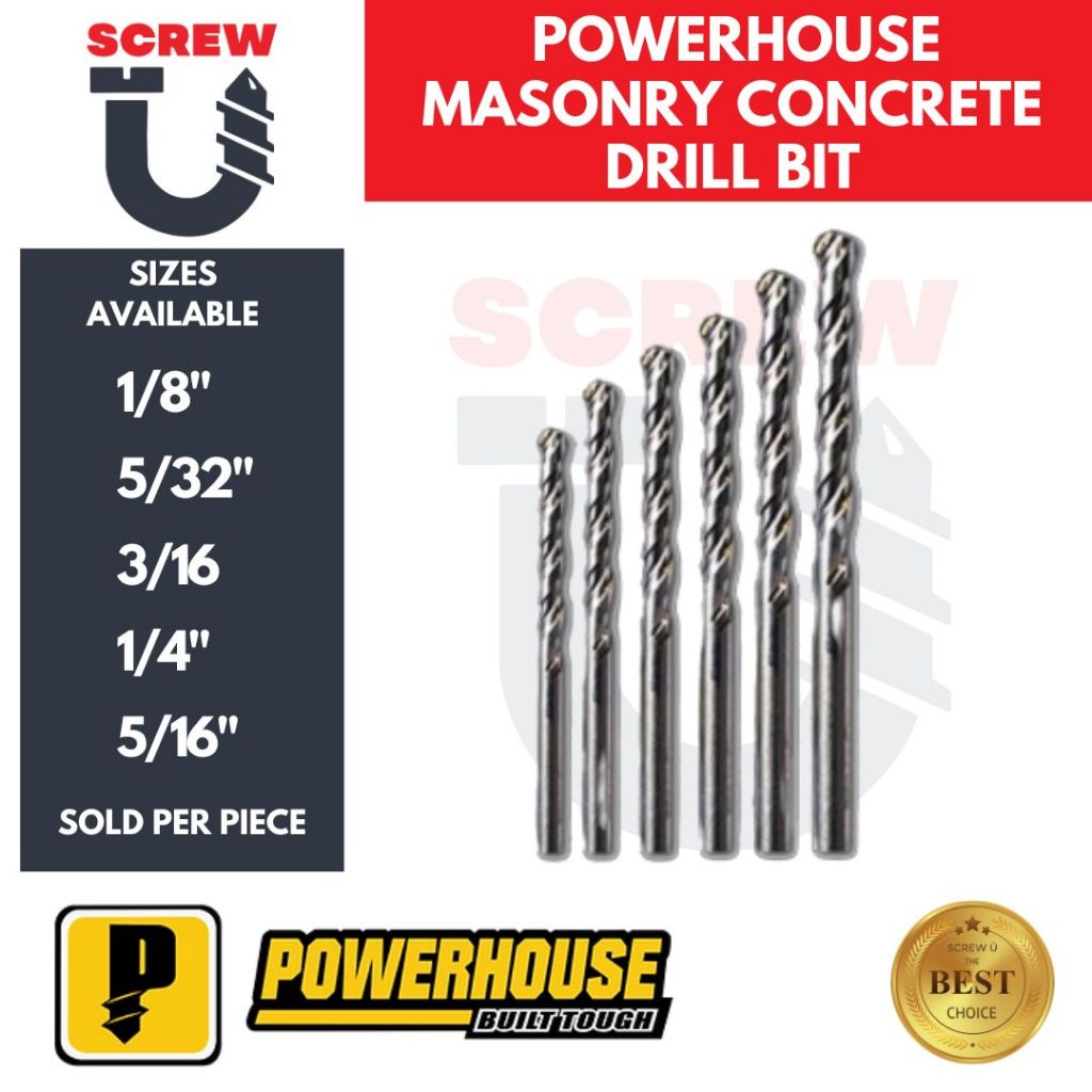POWERHOUSE MASONRY CONCRETE DRILL BIT | 1/8" | 5/32" | 3/16" | 1/4" | 5 ...