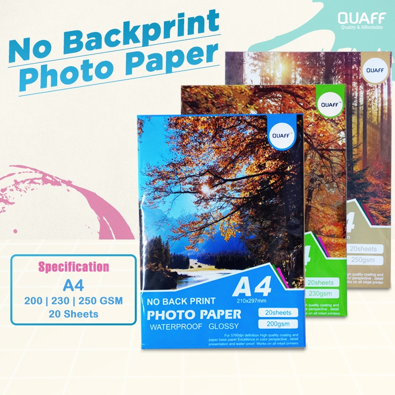 QUAFF Glossy No Back Print Inkjet Photo Paper A4 Size 200GSM / 230GSM / 250GSM (20pcs/pack ...