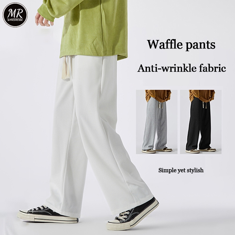 Men's Summer White Casual Pants Korean Baggy Pants Loose waffle pants ...