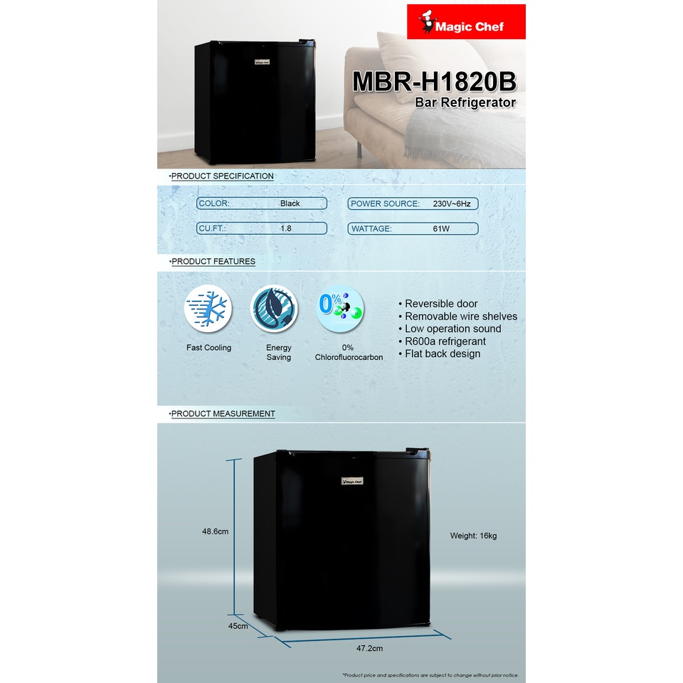 Magic Chef MBR-H1820B 50 Liter Black Bar Refrigerator | Shopee Philippines