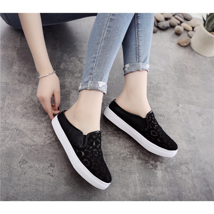 Half Casual Shoes For Women Slip On Black Rubber Shoes Fly Woven ...