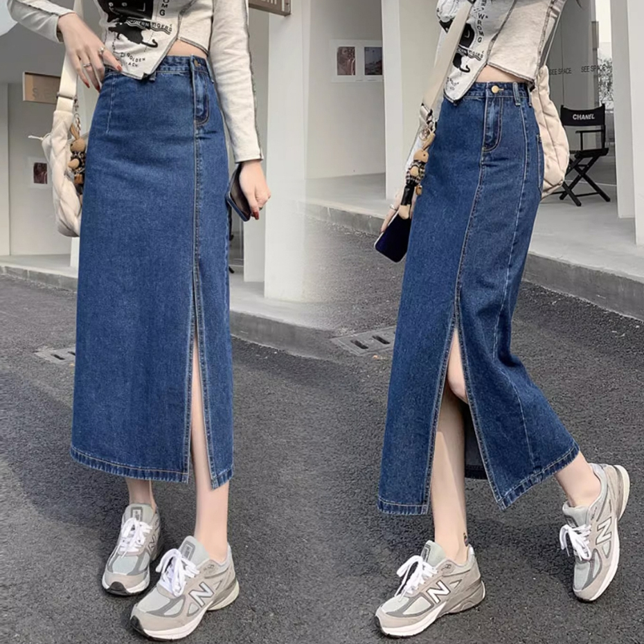 Plus size High slit long denim skirt for women High Waist jeans ...