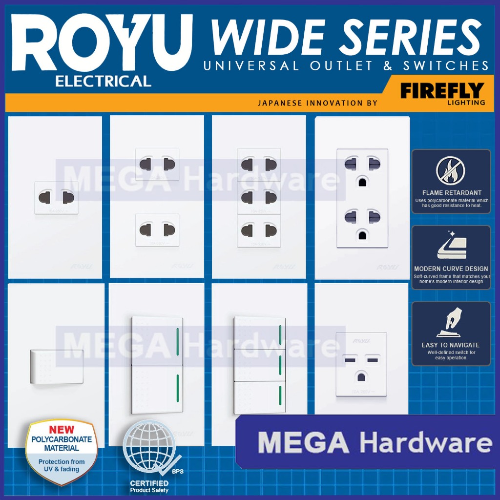 ROYU Wide Series Universal Outlet & Switch (1 Gang, 2 Gang, 3 Gang ...