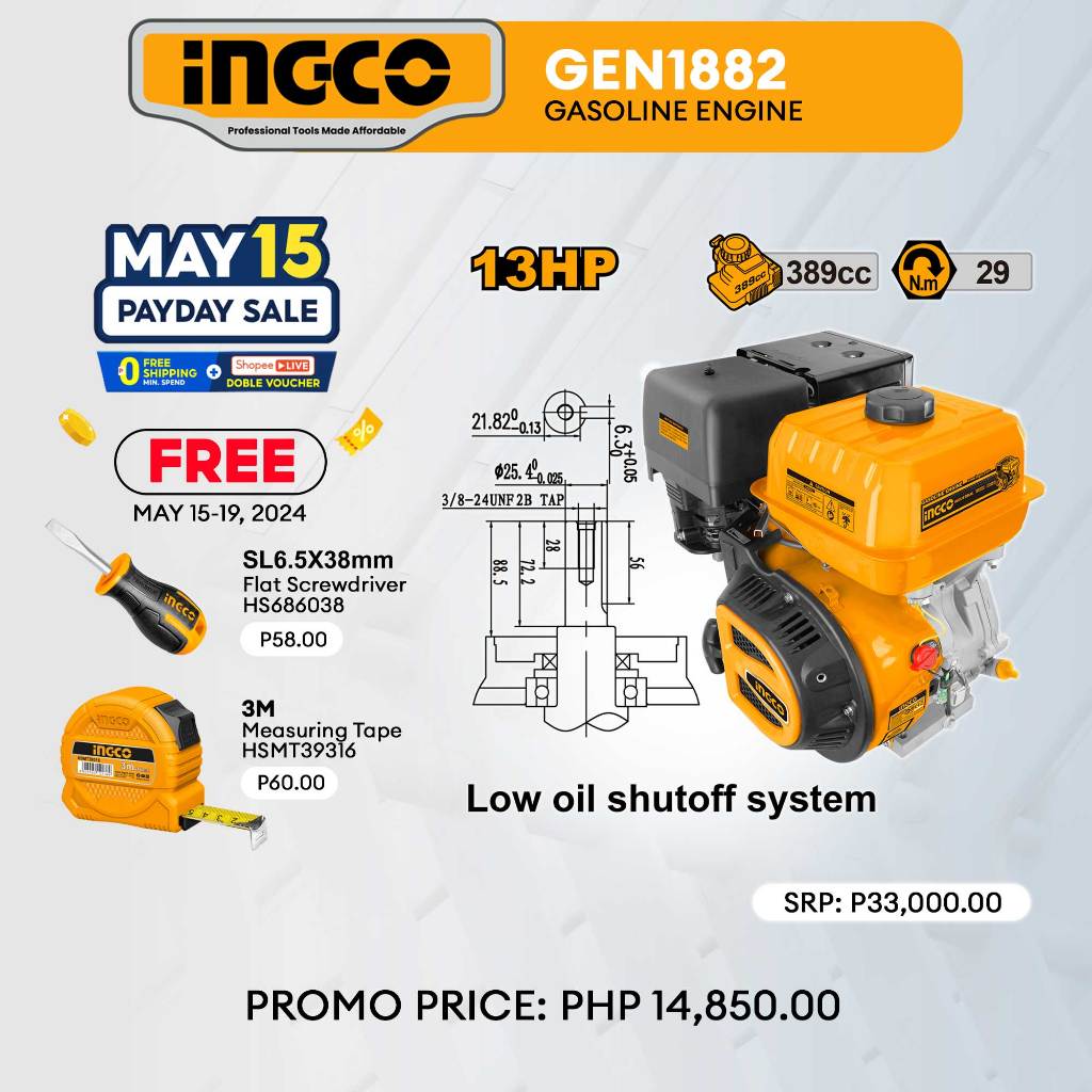 Ingco 4 stroke 13.0HP Gasoline Engine Low Speed GEN1882 IIT | Shopee ...